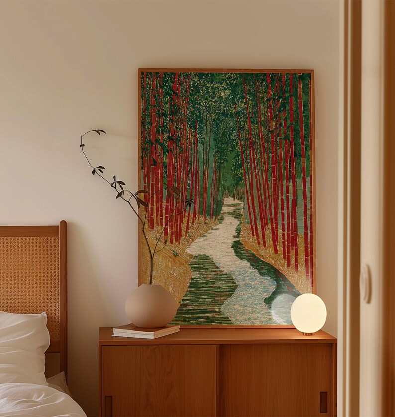 Red Bamboo Forest River Poster | Japanese Woodblock Nature Art | Green Gold Landscape Print - Etsy