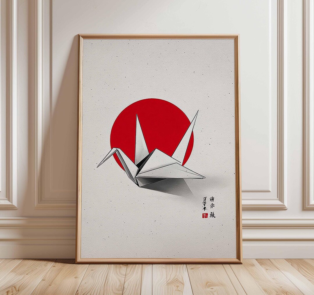Origami Crane Wall Art, Japanese Minimalist Poster, Red Sun and Paper ...