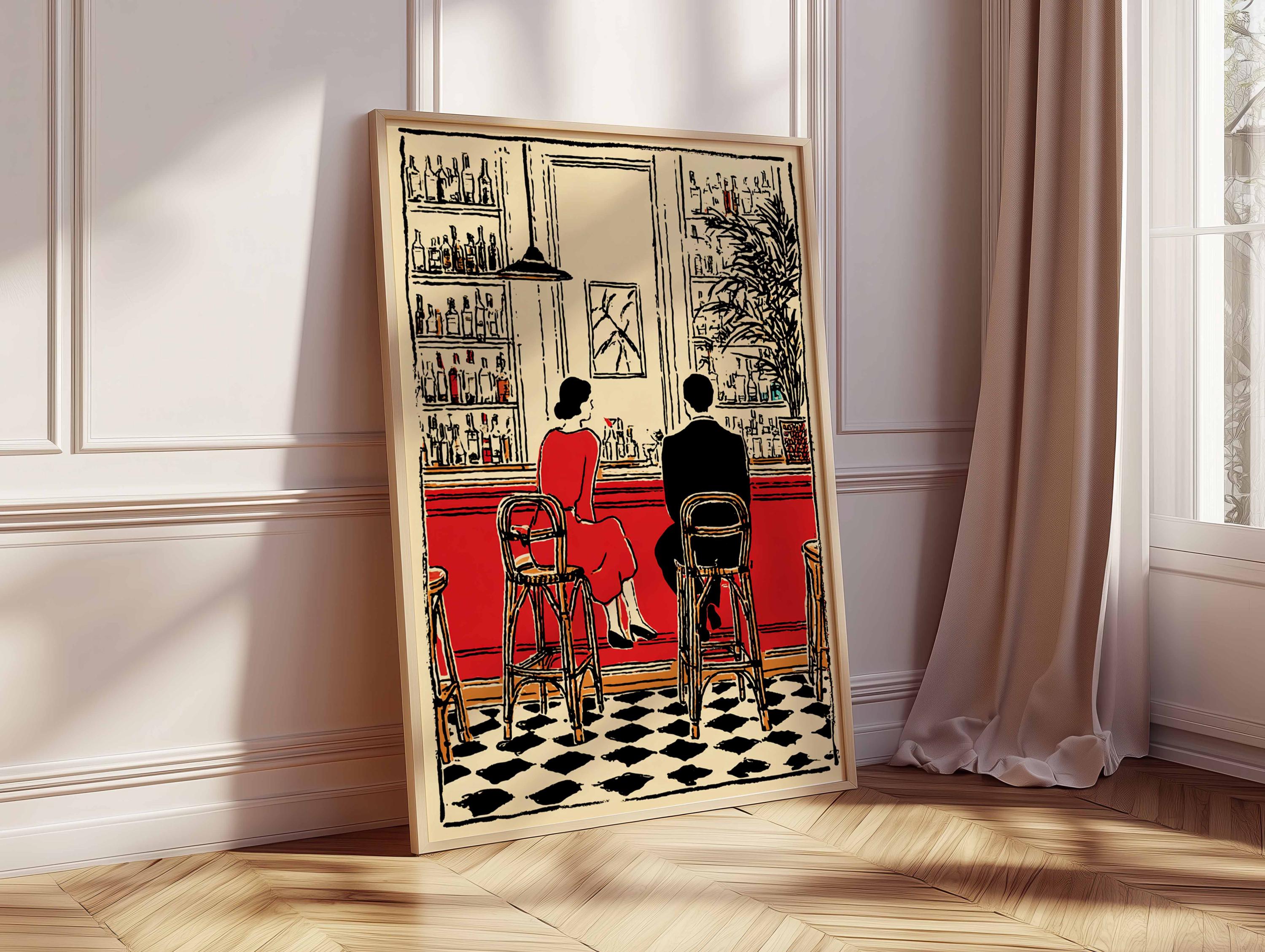 Romantic Bar Scene Art Print, Vintage Couple Poster, Retro Cocktail Bar ...