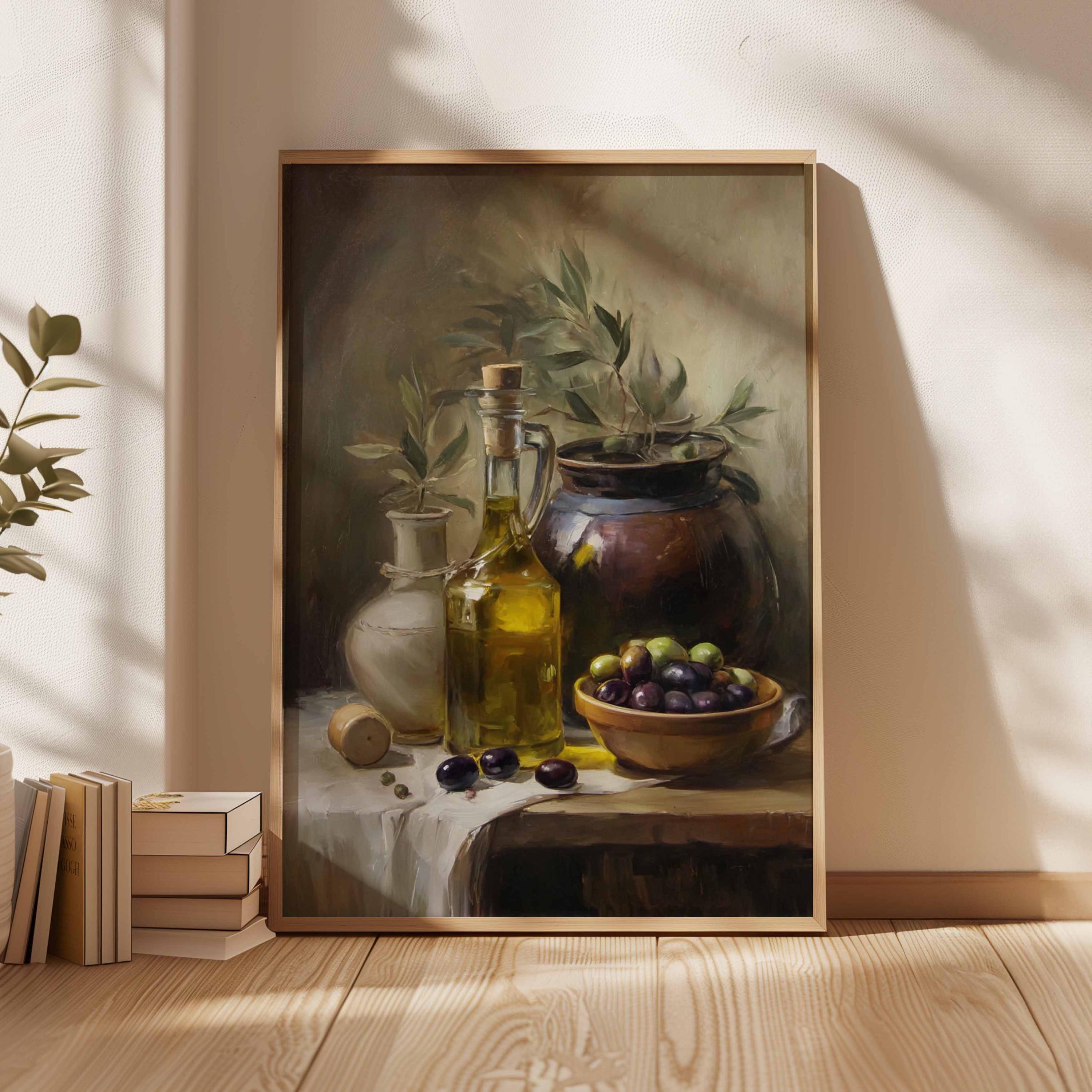 Mediterranean Still Life Art Print | Olive Oil and Jar Painting Style ...