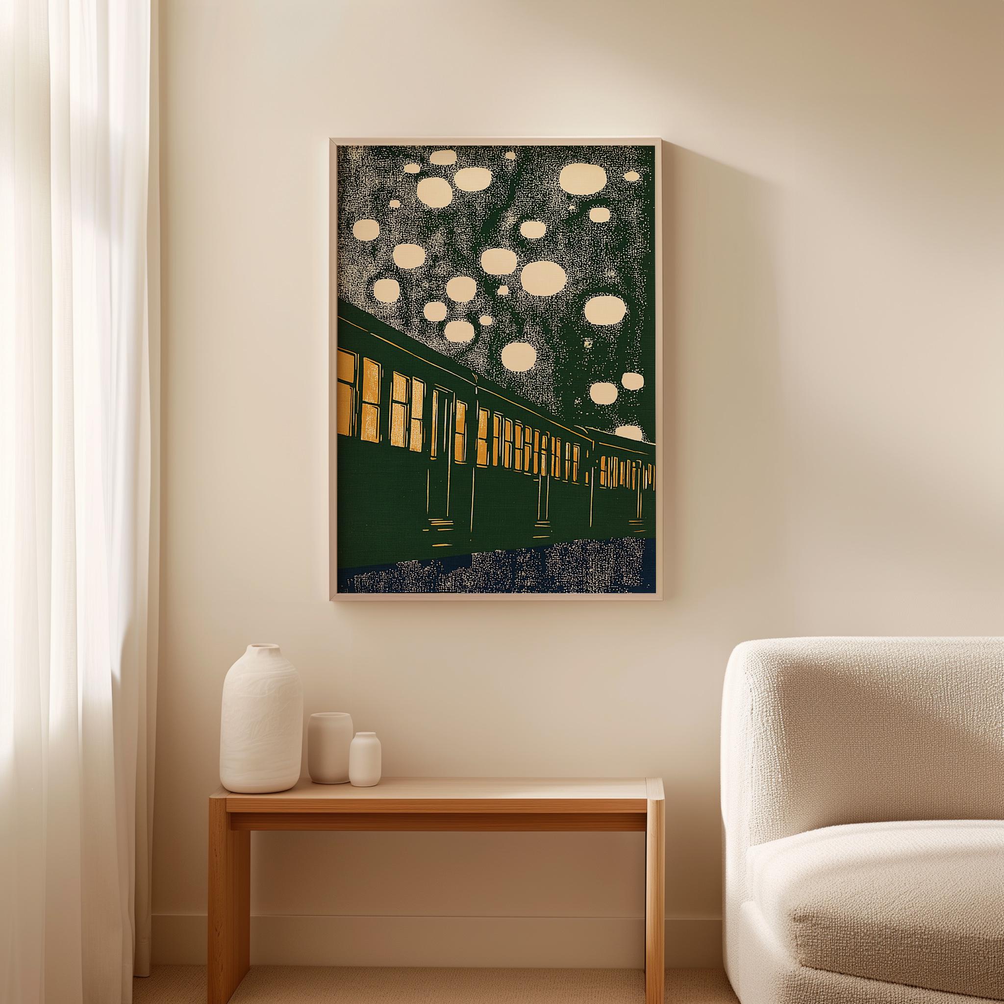 Japanese Night Train Poster | Lantern Sky Railway Illustration Urban ...