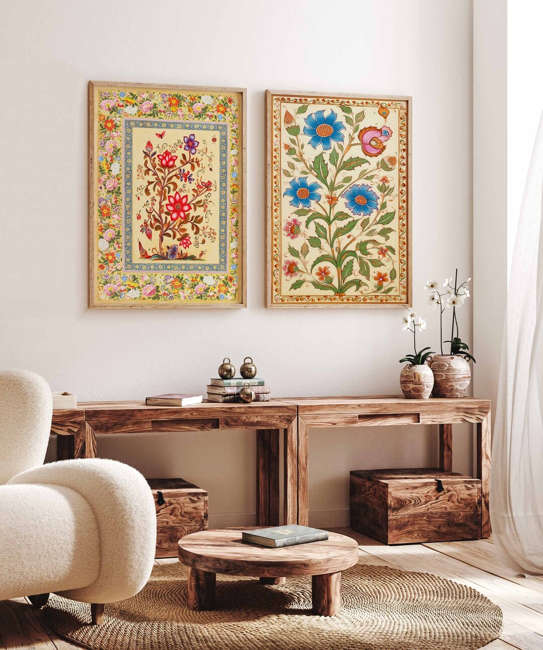 Indian Floral Art, Set of 2, Indian Art Print, Floral Print, Vintage ...