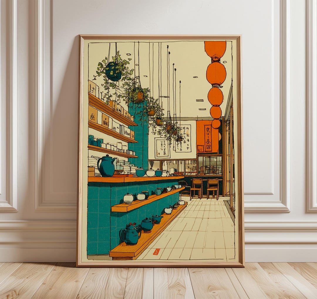 Japanese Tea Shop Art Print, Vintage Oriental Interior, Pottery Poster ...