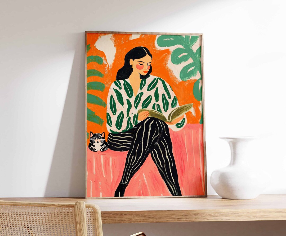 Book Art, Reading Poster, Retro Poster, Woman Print, Library Art ...