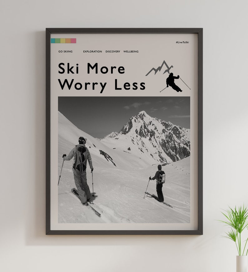 Ski More Worry Less Poster Skiing Alps Outdoor Adventure Art | Etsy