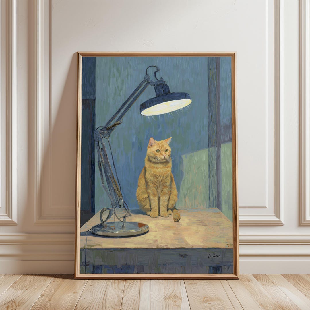 Ginger Cat Poster Under Desk Lamp, Painterly Blue Studio Art Print - Etsy