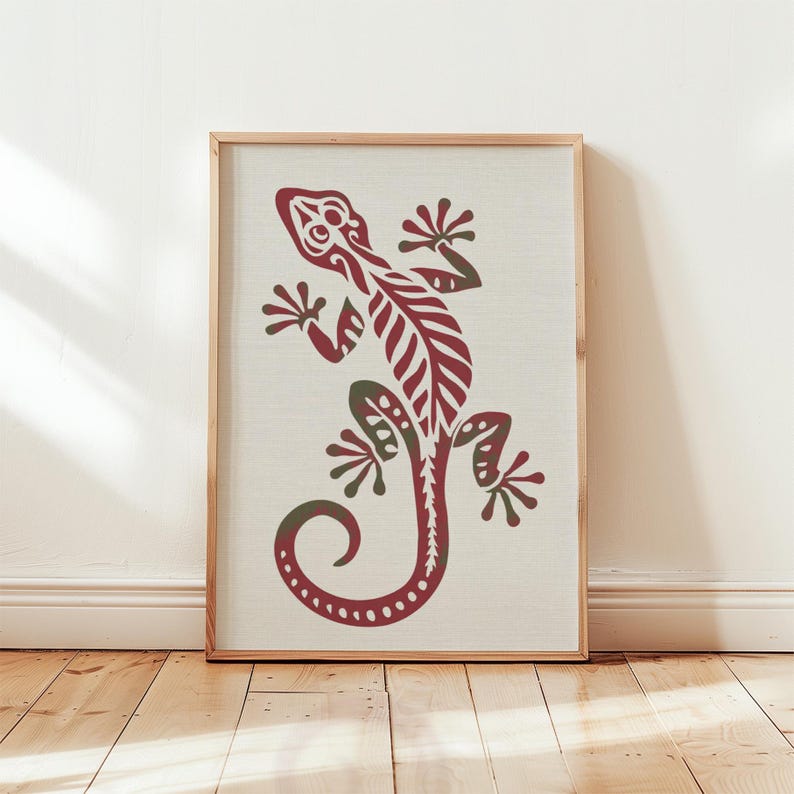 Red Green Gecko Poster | Folk Style Lizard Illustration | Minimal ...