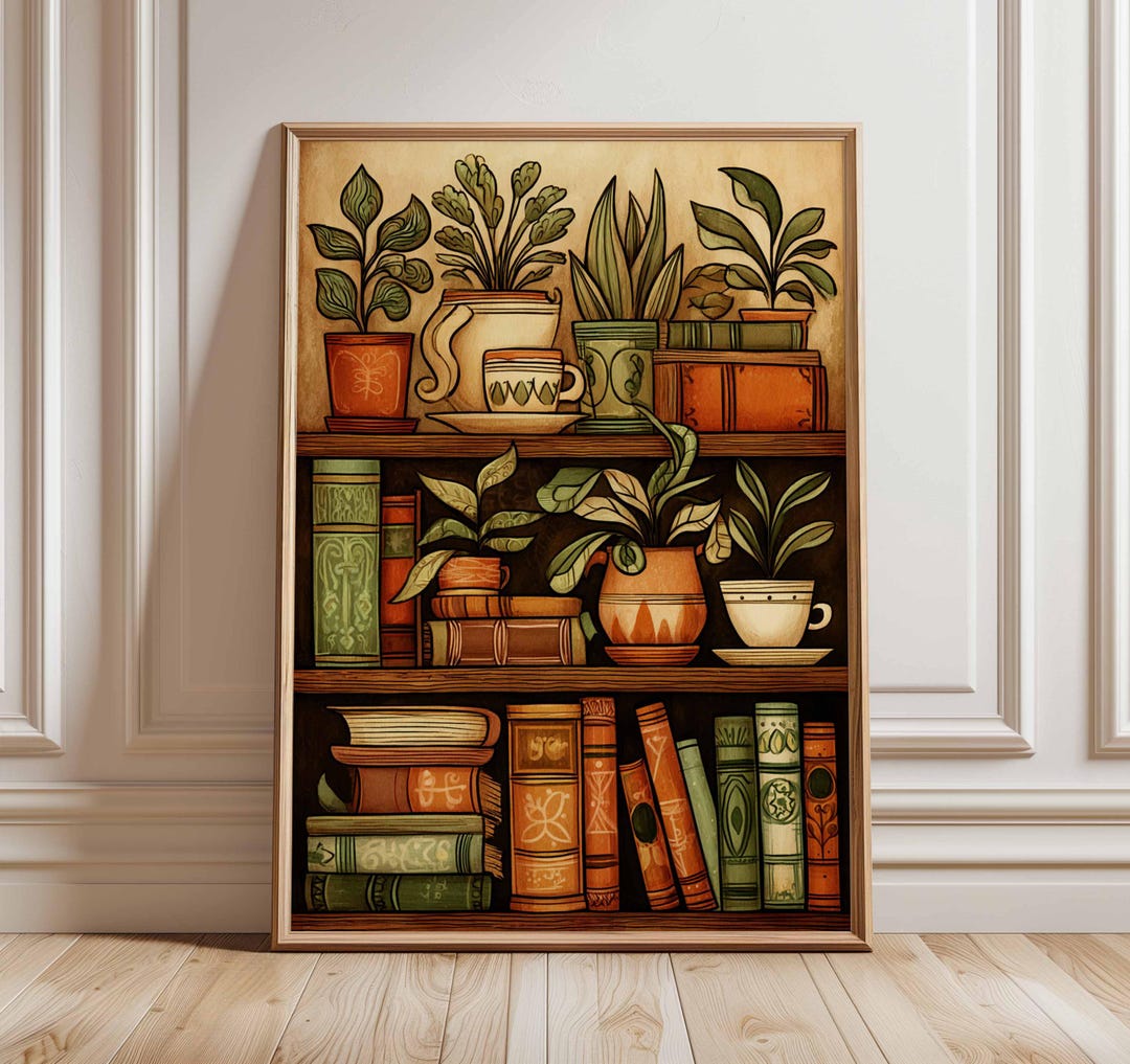 Vintage Bookshelf Poster, Cozy Bookshelf Wall Art, Botanical Book Print ...