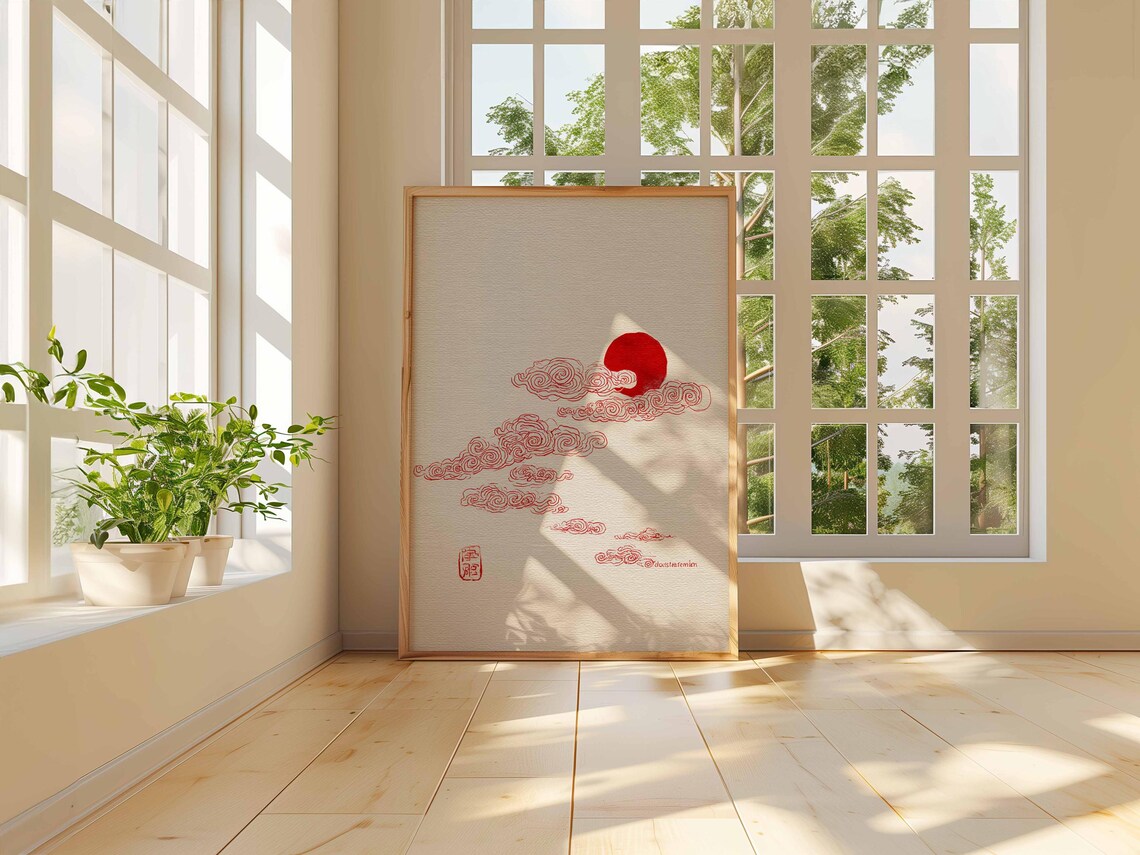 Japanese Red Sun Wall Art Print, Minimalist Asian Cloud Poster, Zen ...