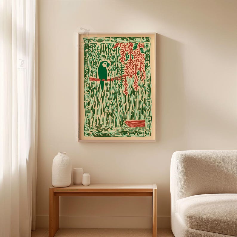 Tropical Parrot Art Print | Red Macaw Jungle Botanical Illustration ...