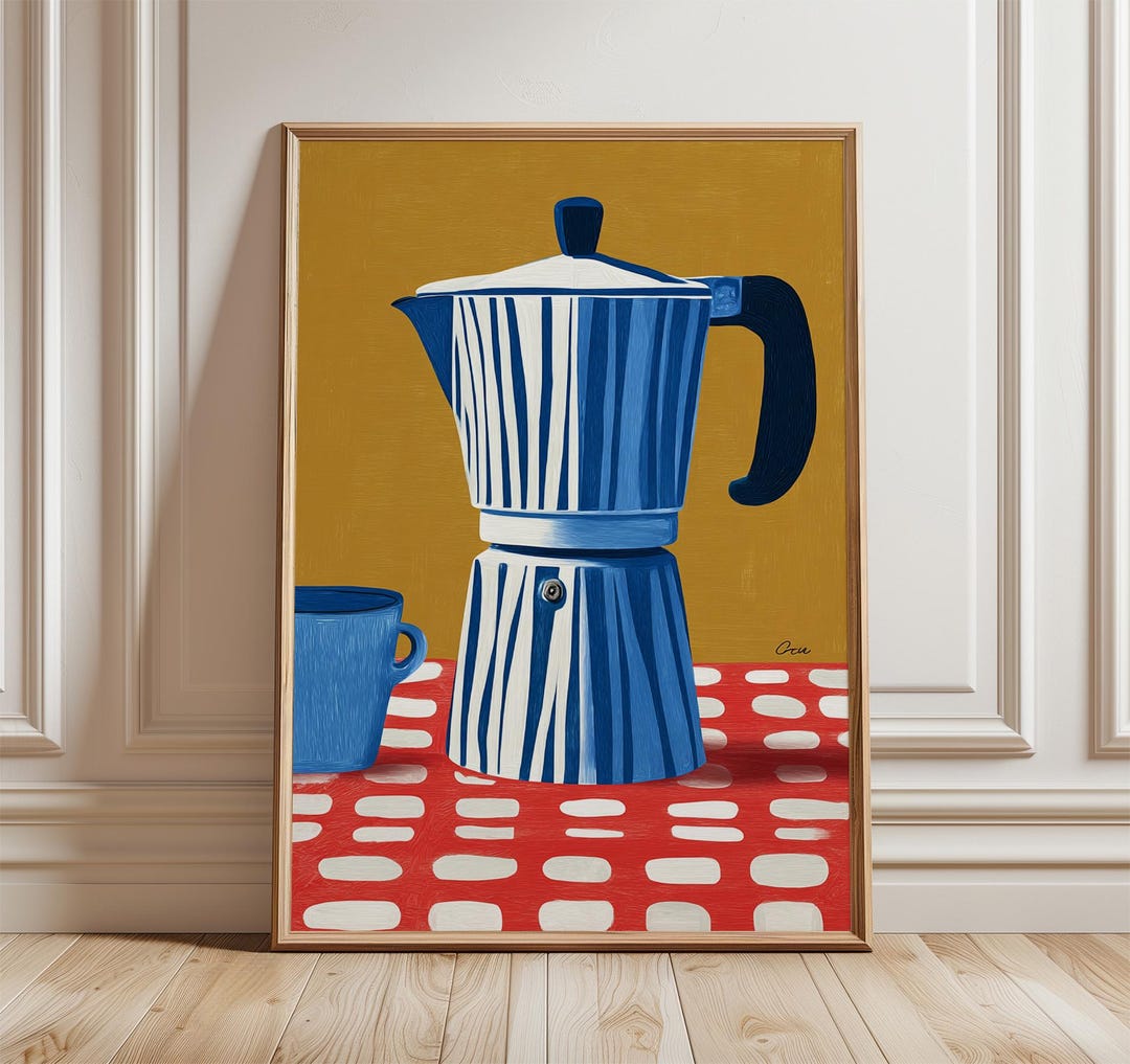 Modern Coffee Maker Poster, Blue Moka Pot Wall Art Print, Retro Kitchen ...