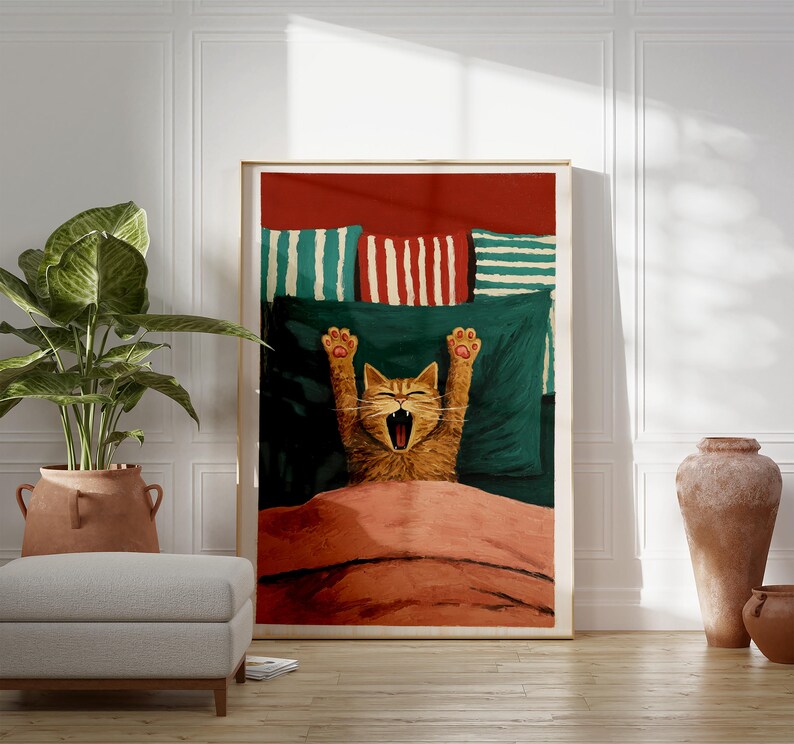 Yawning Ginger Cat Illustration | Cozy Bedroom Animal Art Poster - Etsy
