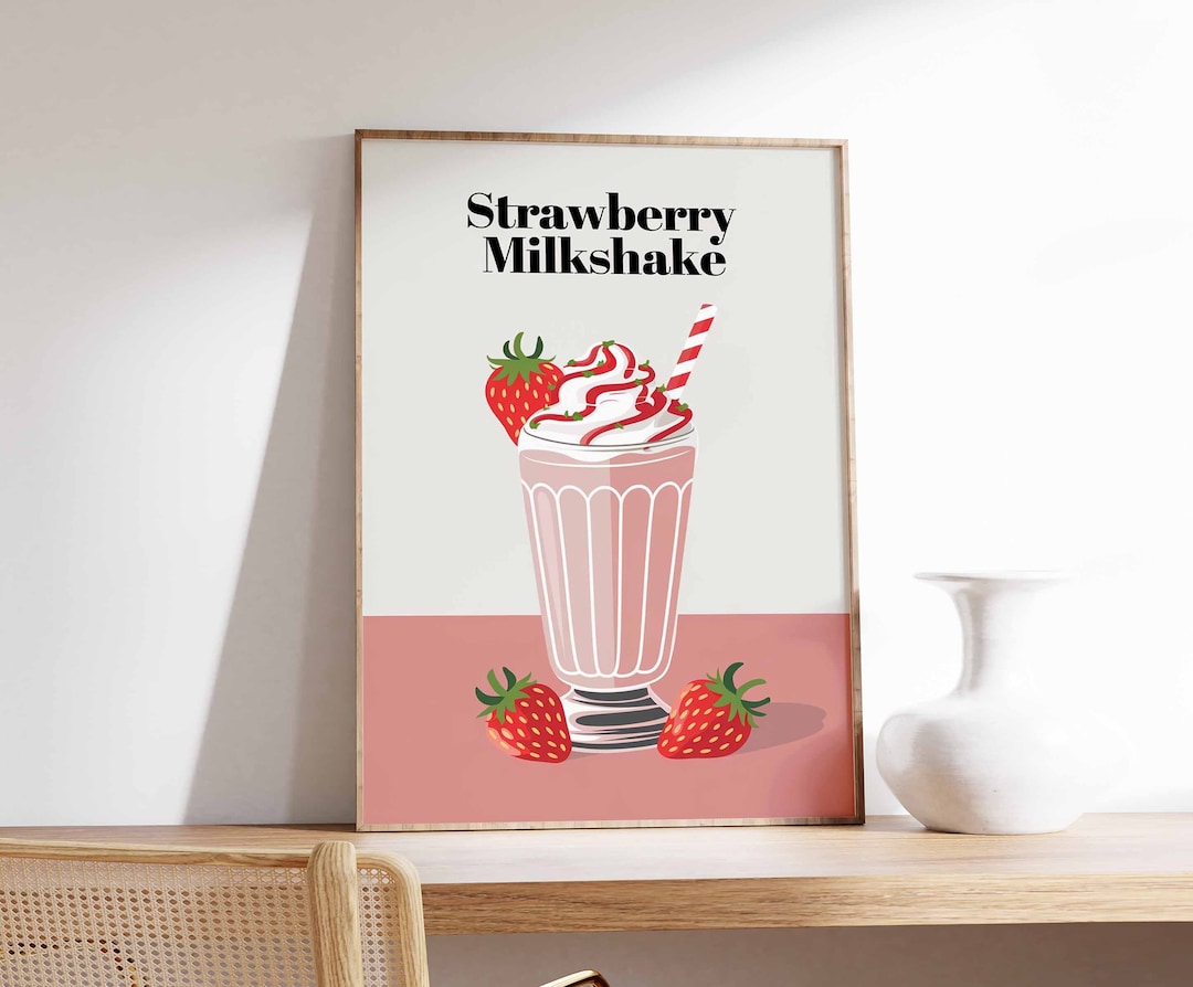 Retro Strawberry Milkshake Poster, Milkshake Print, Kitchen Decor, Cafe ...