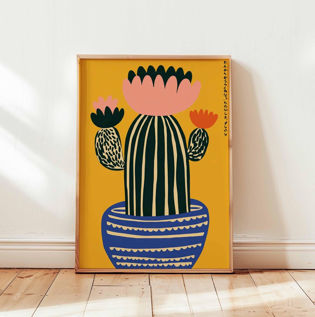 Mexican Cactus Poster With Japanese Influence, Retro Botanical Wall Art ...