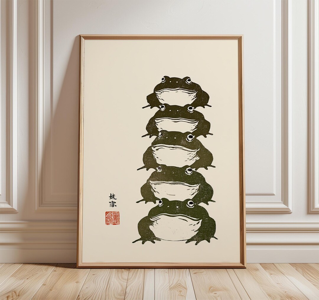 Stacked Frogs Poster, Japanese Minimalist Art Print, Funny Animal Wall ...