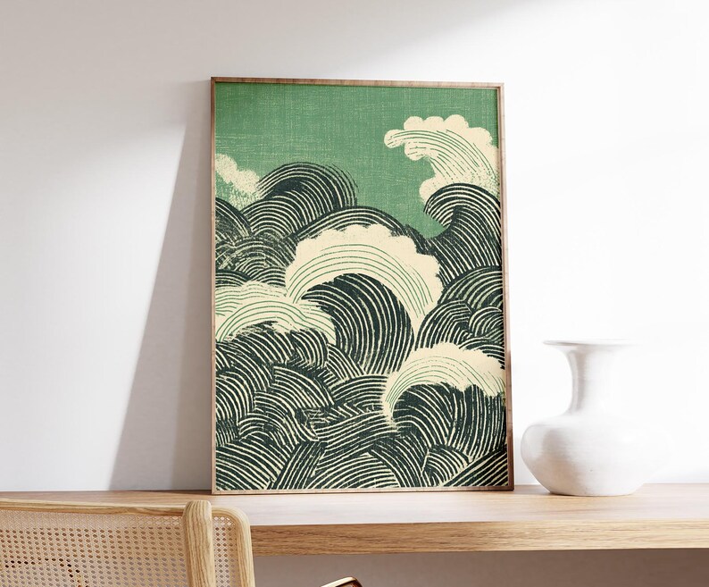 Japanese Green Waves Poster, Modern Hokusai Inspired Wall Art ...