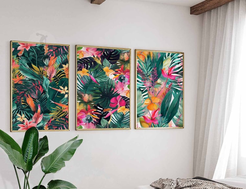 Floral Set of 3 Floral Posters, Boho Leaf Floral Wall Print, Tropical ...