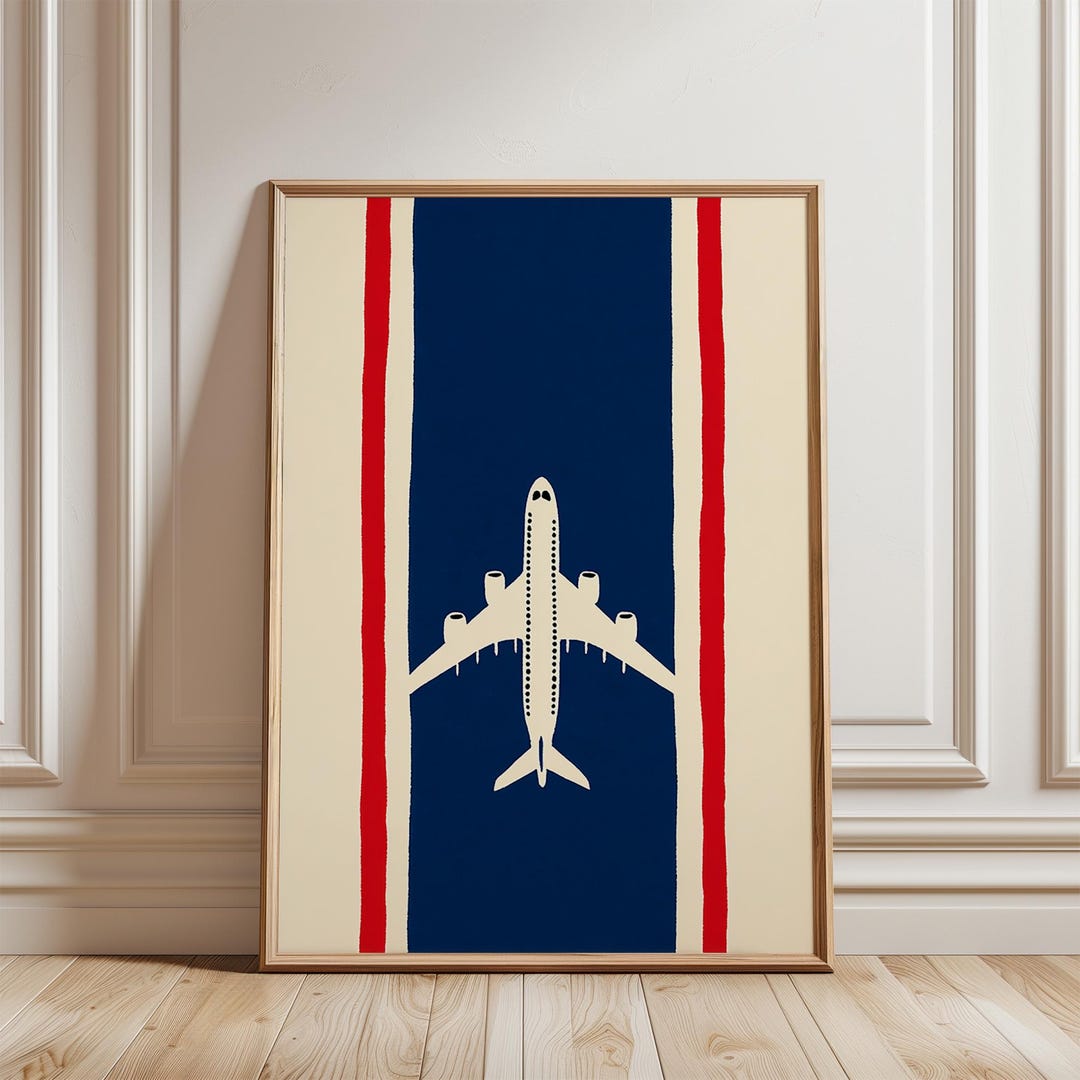 Navy Red Aviation Poster | Top Down Airplane Illustration | Modern ...