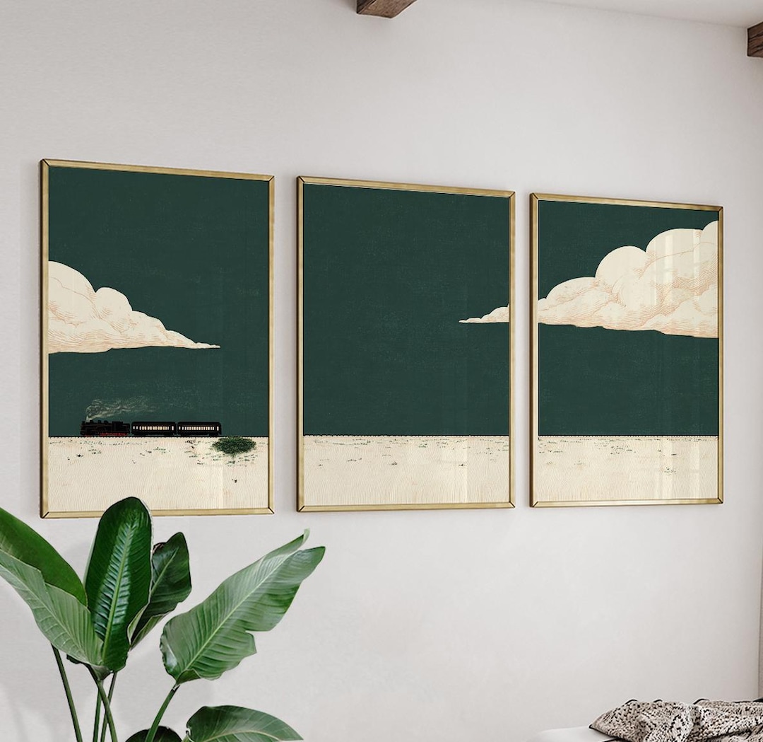 Minimalist Steam Train Poster Set | Dark Green Landscape Wall Art | 3 ...