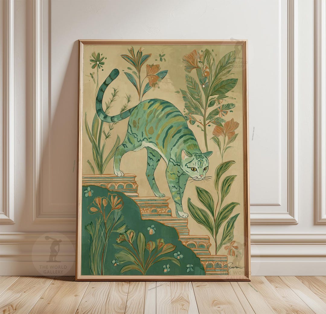 Green Cat Botanical Print | Vintage Garden Folk Art Wall Decor - Etsy