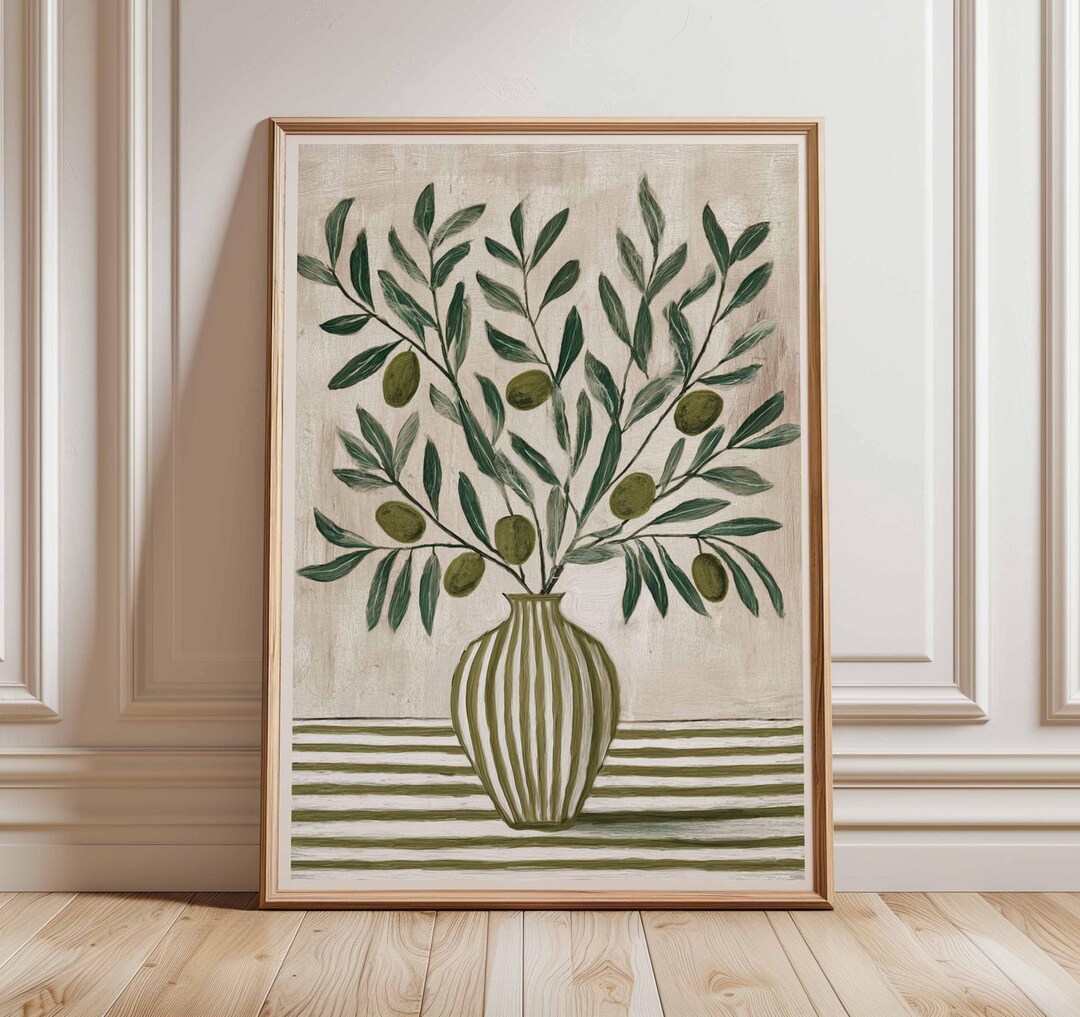 Olive Branch Poster, Mediterranean Kitchen Wall Art, Rustic Vase Print ...