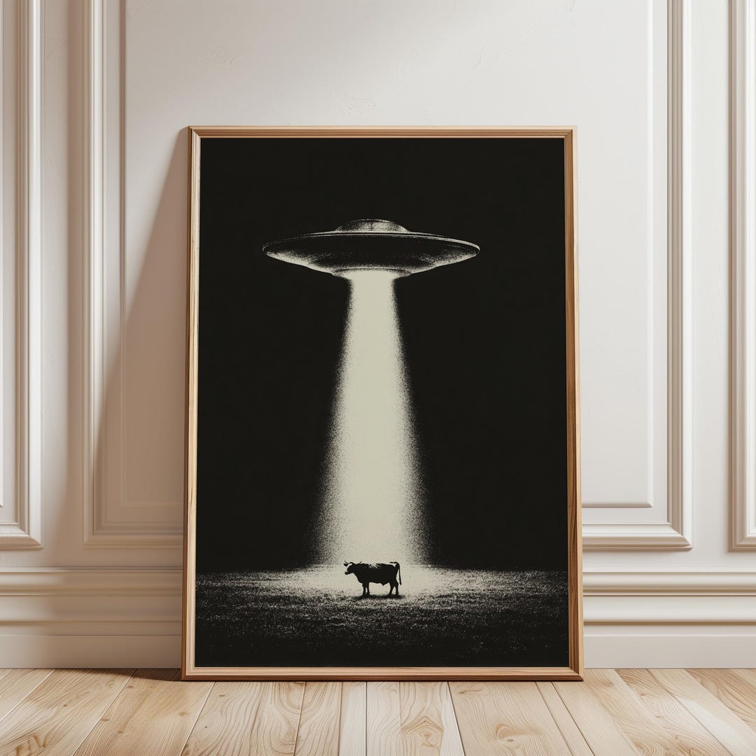 UFO Abduction Art Print, Retro Sci-fi Poster, Cow and Spaceship ...