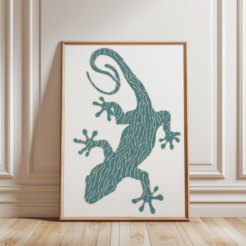 Teal Green Gecko Poster | Woodblock Style Lizard Illustration | Minimal ...