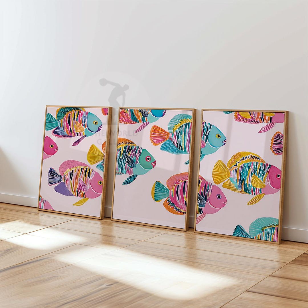 Colorful Fish Wall Art Set of 3 | Tropical Ocean Prints | Vibrant Pink ...