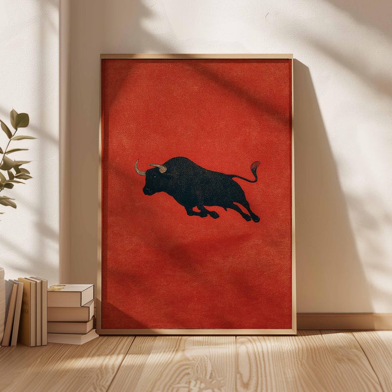 Vintage Bull Poster, Minimalist Animal Wall Art Print, Mid Century ...