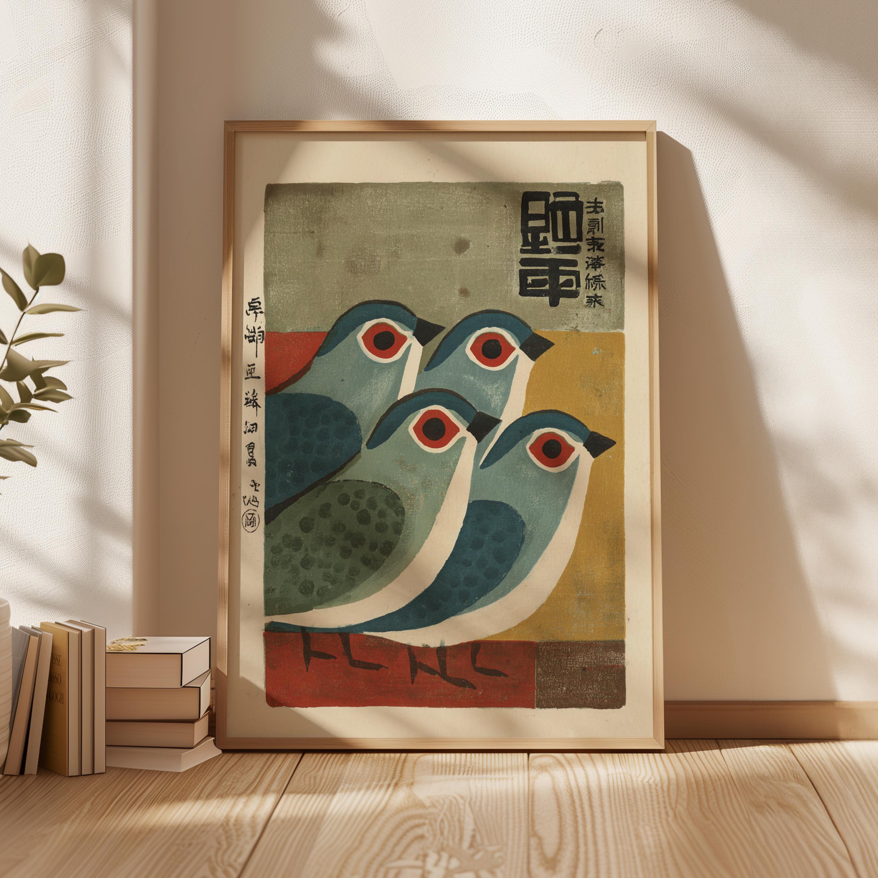 Mid-century Japanese Bird Art Print, Retro Blue Bird Poster, Minimalist ...