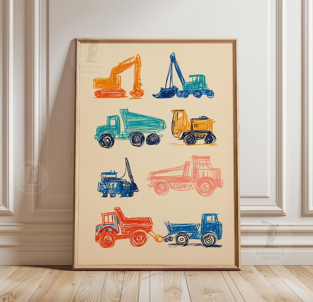 Construction Vehicles Poster | Kids Truck Wall Art | Digger Crane ...