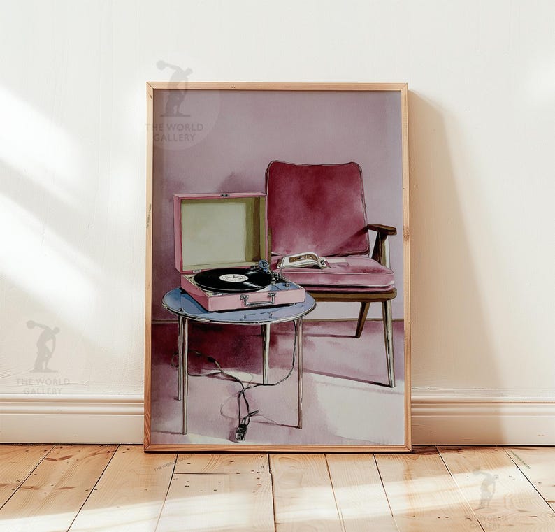 Vintage Record Player Poster | Cozy Armchair Mid-century Illustration ...