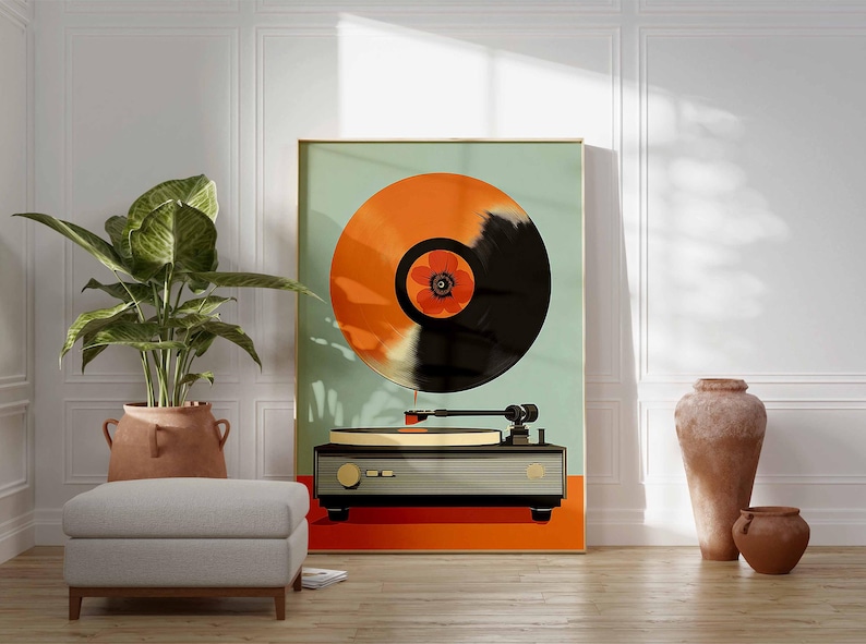 Vintage Record Player Wall Art, Retro Vinyl Flower Poster, Mid Century ...