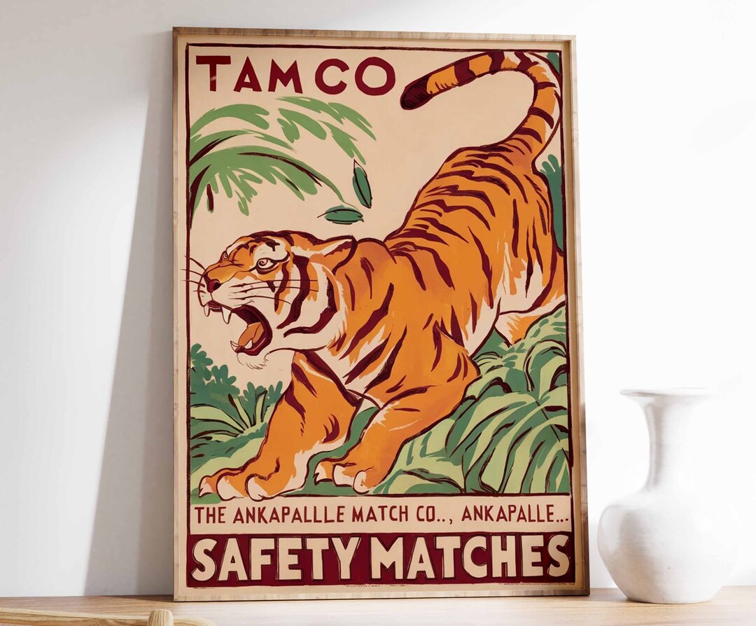 Vintage Tiger Print, Indian Tiger Poster, Matchbox Art, Animal Print ...