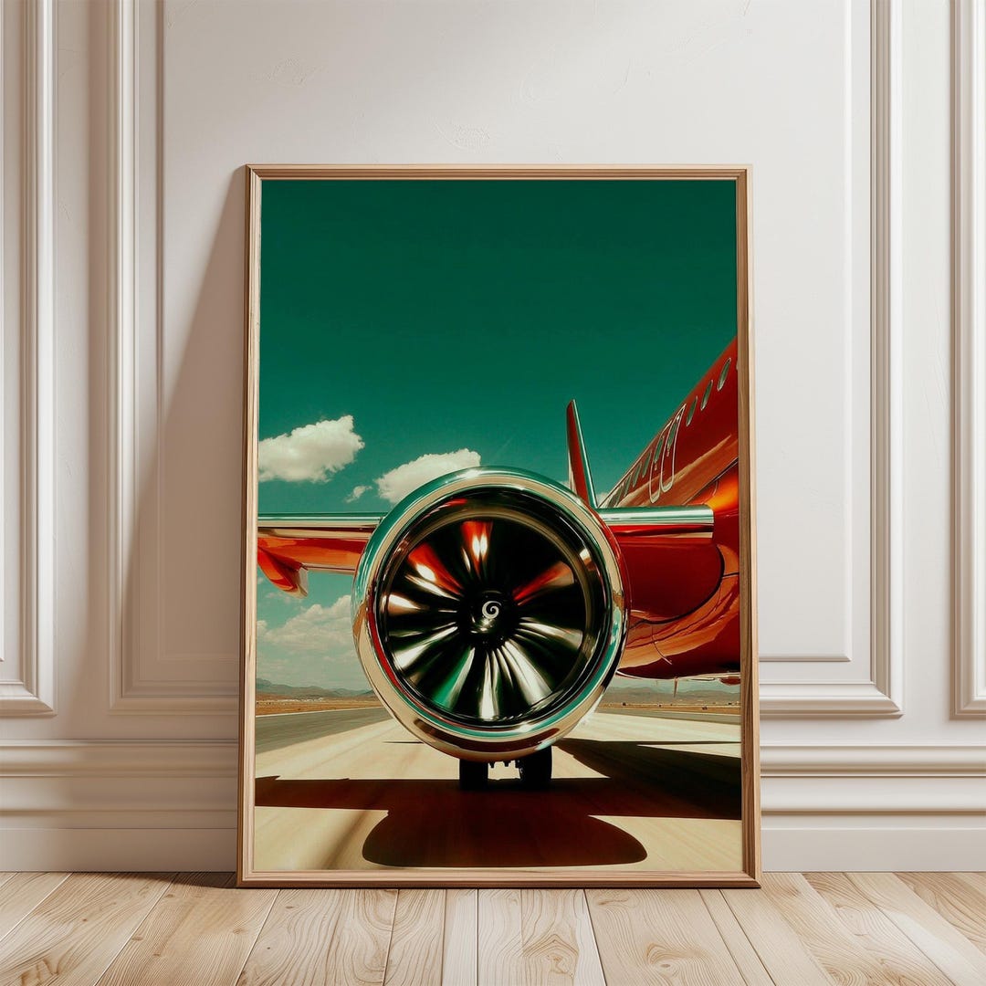 Red Jet Engine Poster | Green Sky Aviation Illustration | Modern ...