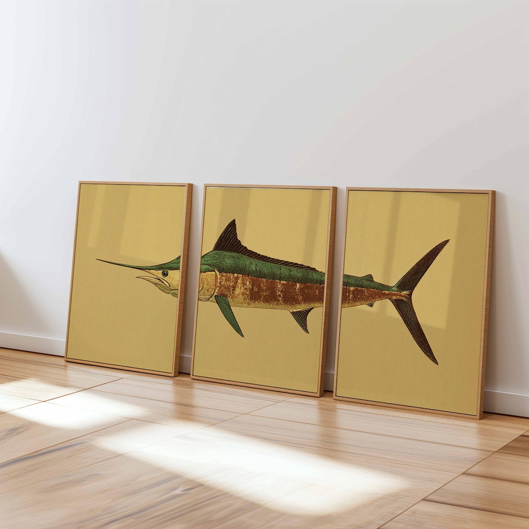 Swordfish Wall Art Set of 3, Retro Ocean Fish Prints in Green and Gold ...