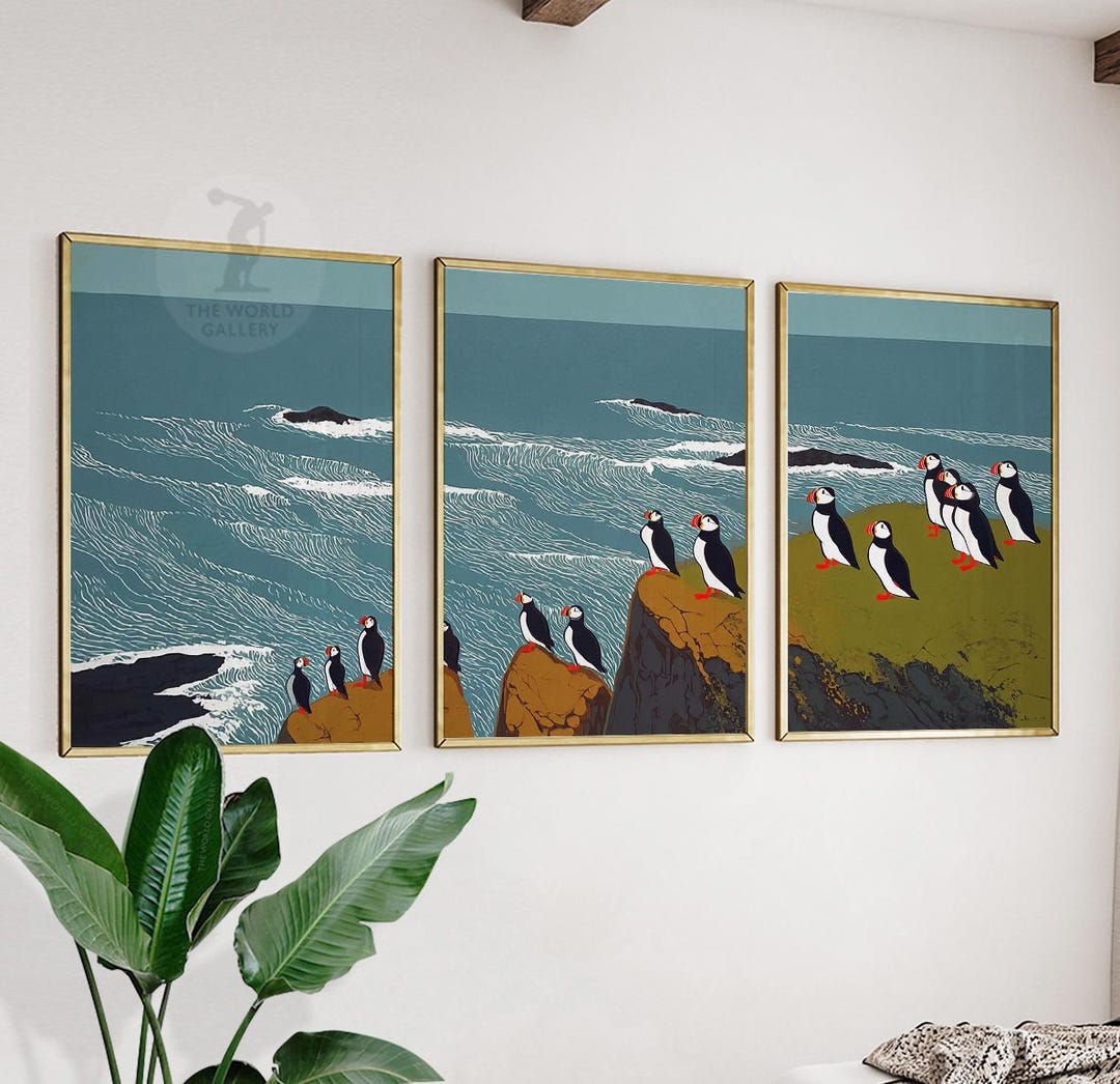 Puffin Wall Art Set of 3 | Coastal Bird Prints | Ocean Cliff Scene ...