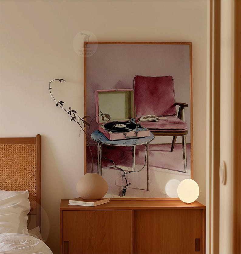 Vintage Record Player Poster | Cozy Armchair Mid-century Illustration ...