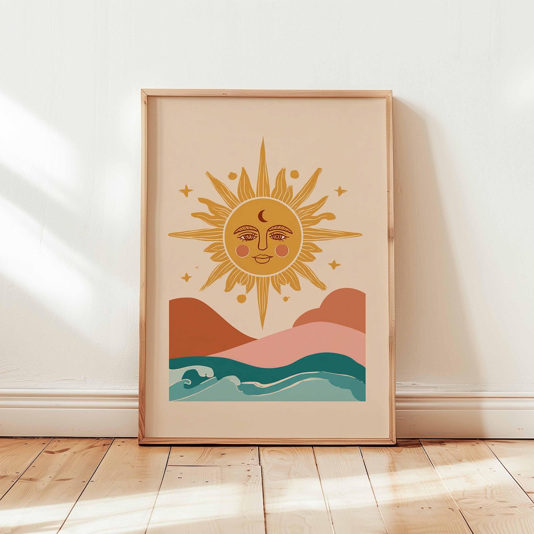 Bohemian Sun Poster, Boho Wall Art, Sun Face Print, Retro Sunset ...