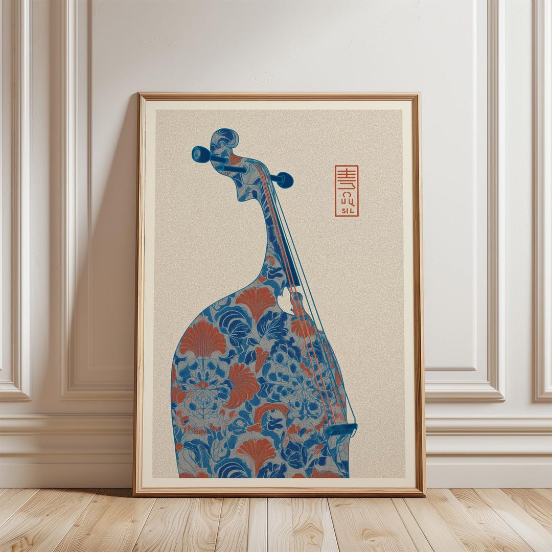 Blue Erhu Instrument Poster, Japanese Woodcut Style With Floral Pattern ...