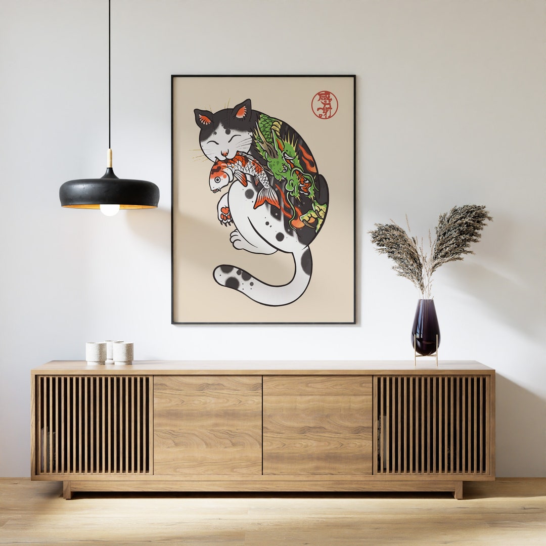 Japanese Cat Poster, Japanese Cat Art Print, Cat Tattoo, Animal Wall ...
