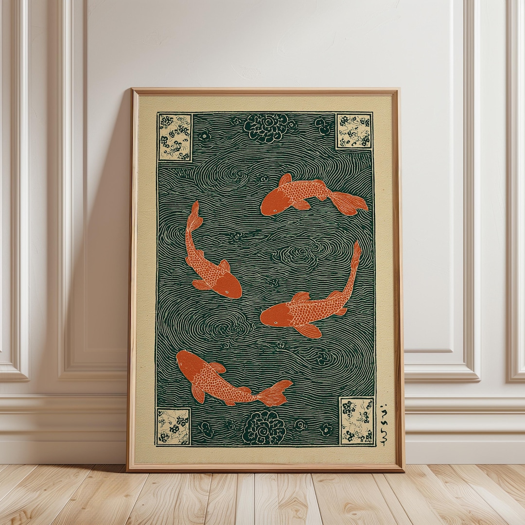 Koi Fish Print in Japanese Woodblock Lino Style Green Cream ...