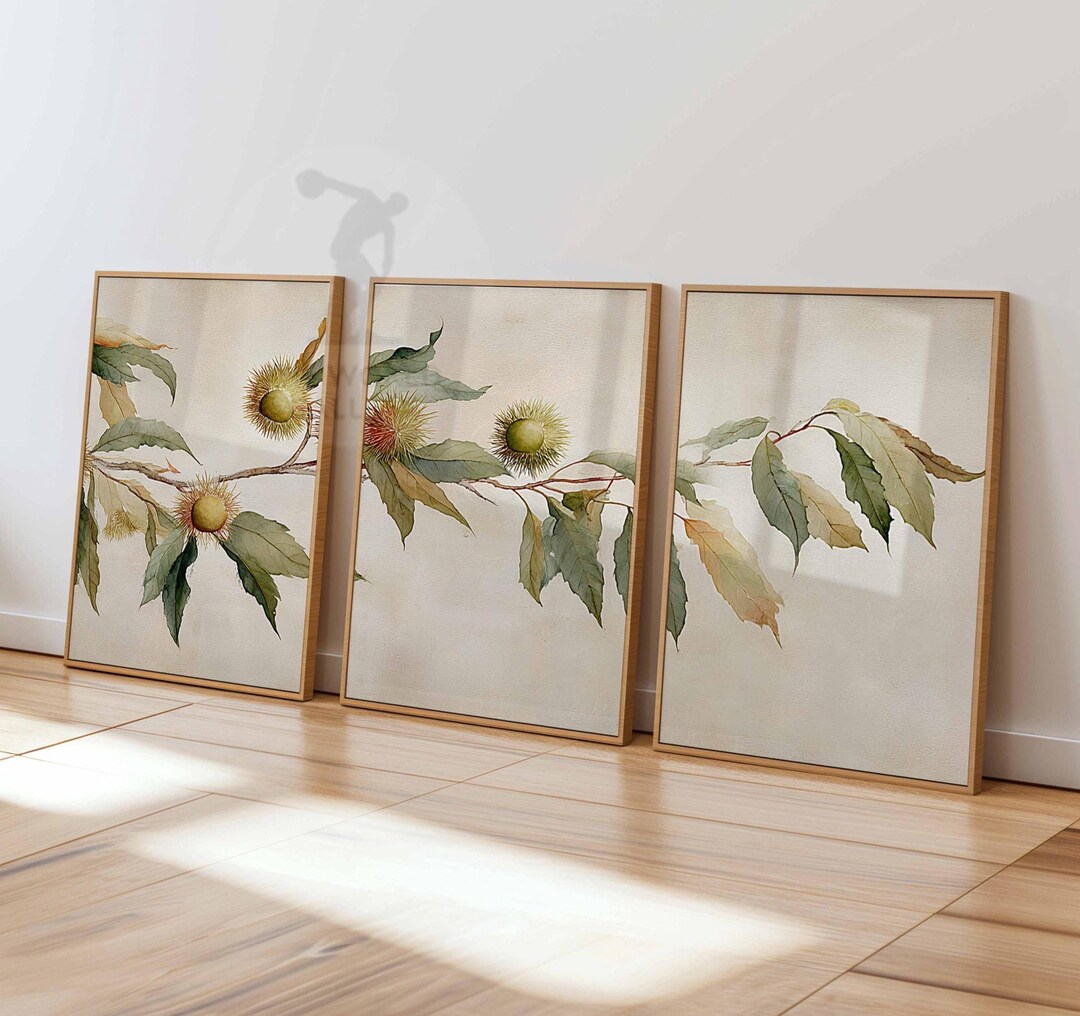 Chestnut Tree Wall Art Set of 3, Botanical Leaf Poster Prints, Rustic ...