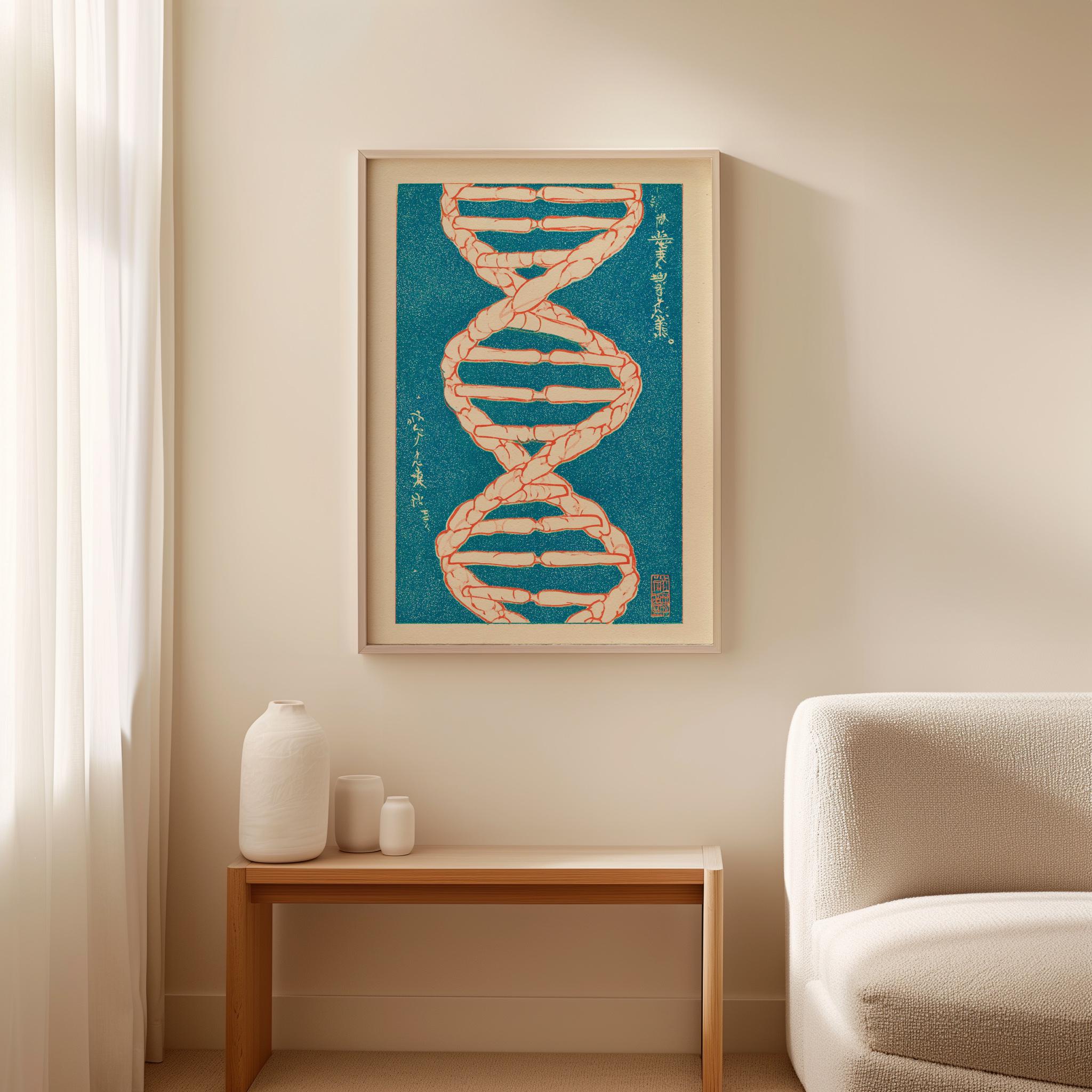 DNA Double Helix Poster | Blue Red Scientific Illustration | Japanese ...