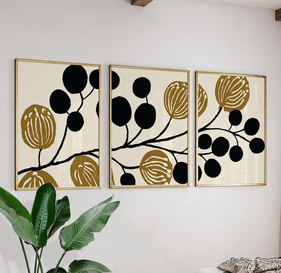 Black and Ochre Botanical Posters Set of 3 | Abstract Floral Wall Art ...