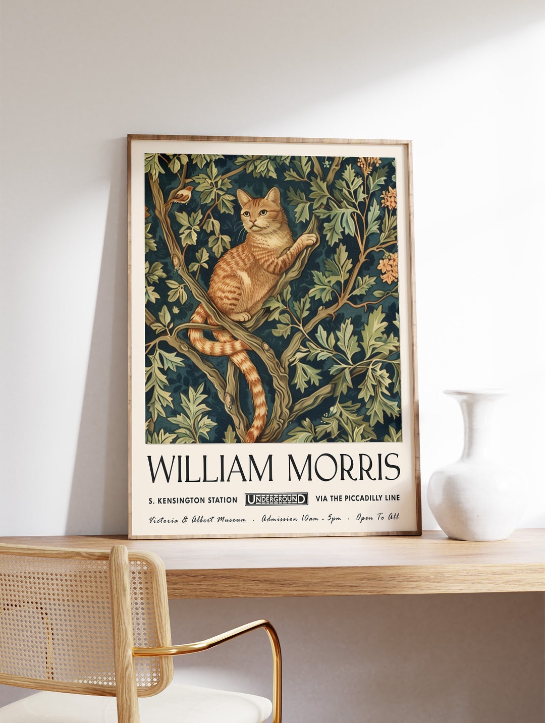 William Morris Cat Print, William Morris Poster, Cat Poster, Cat Art, Floral Cat Print, Cat ...