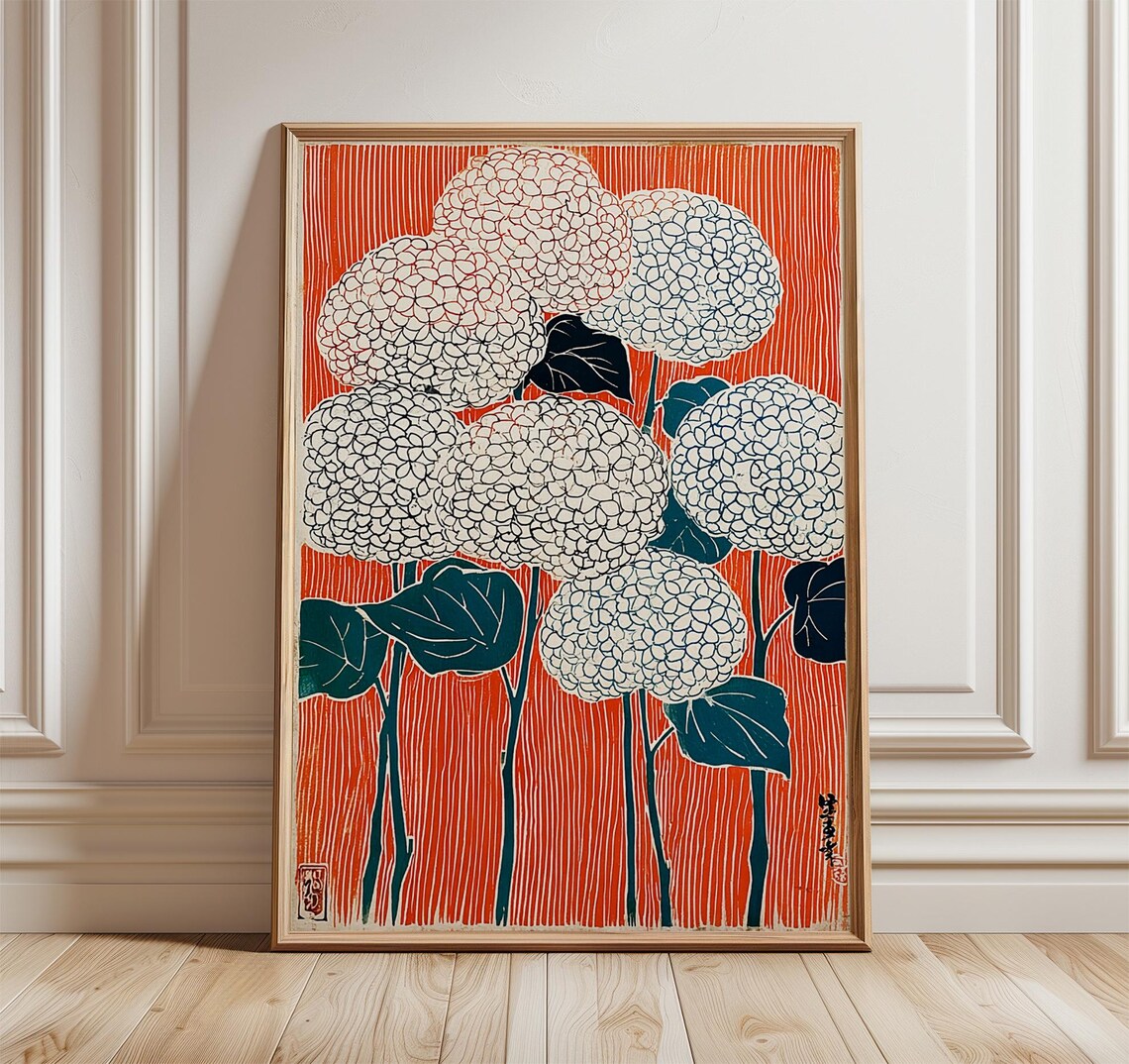 Japanese Hydrangea Poster, Modern Floral Wall Art, Red and White ...