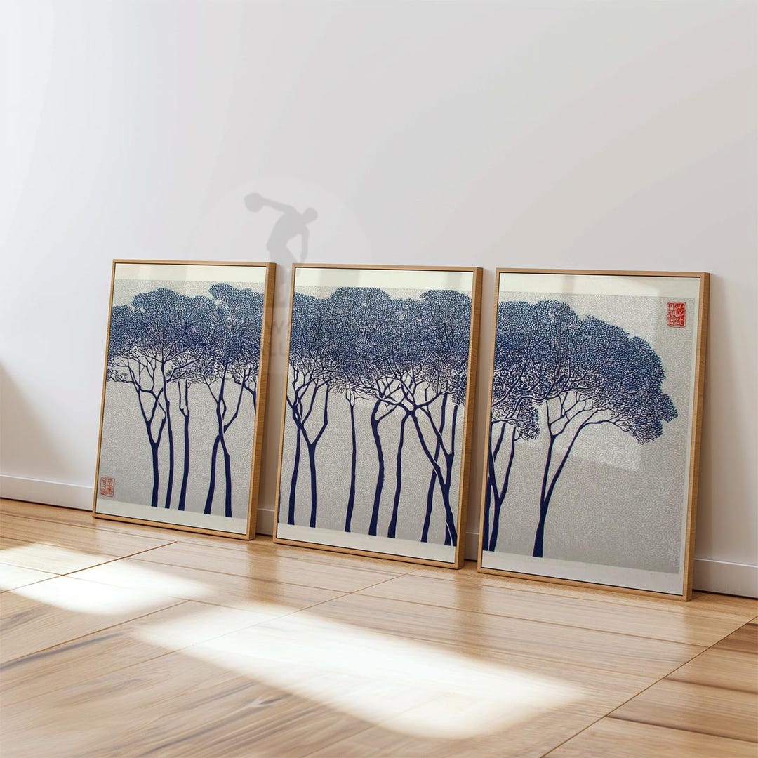 Japanese Tree Wall Art Set of 3 | Minimalist Forest Prints | Blue Tree ...