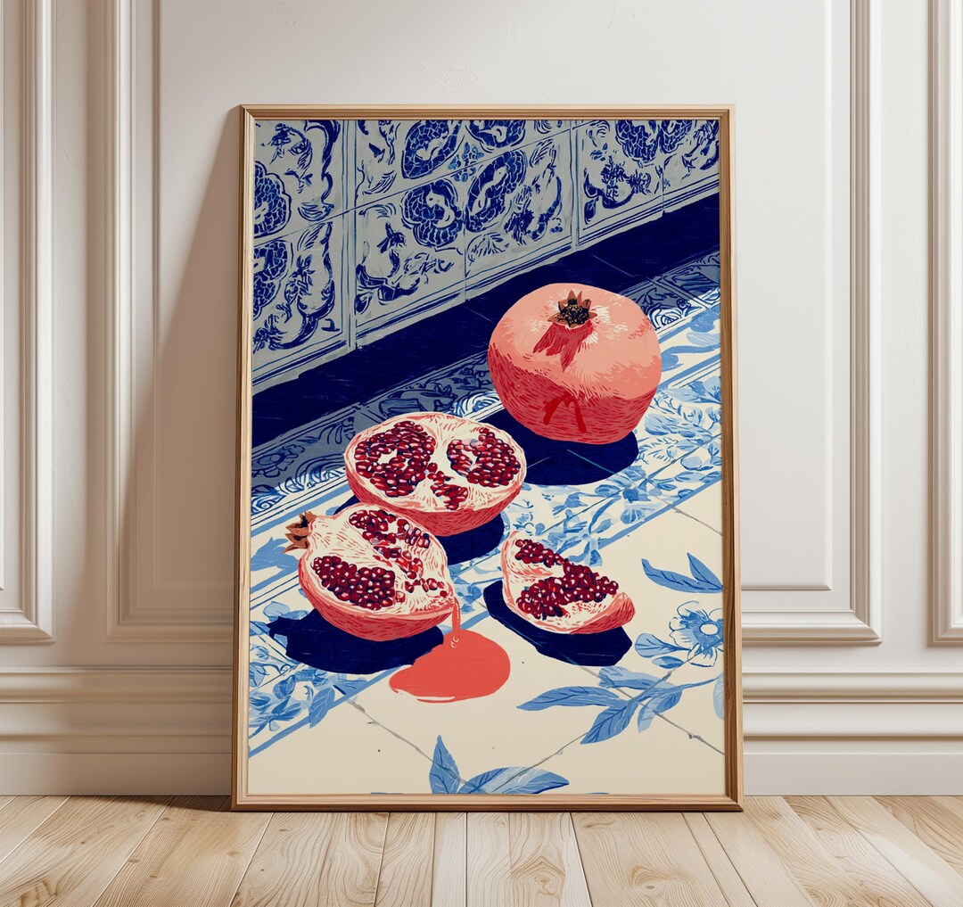 Mediterranean Still Life Print, Persimmon and Pomegranate Wall Art ...