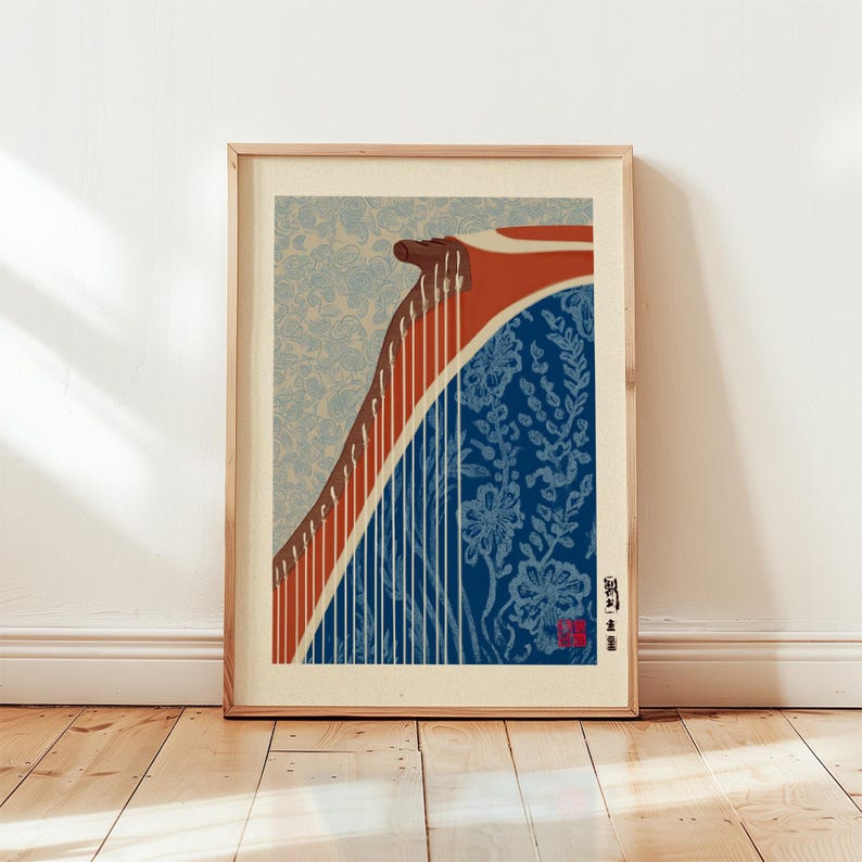 Blue Red Guzheng Poster | Chinese Instrument Illustration | Vintage ...